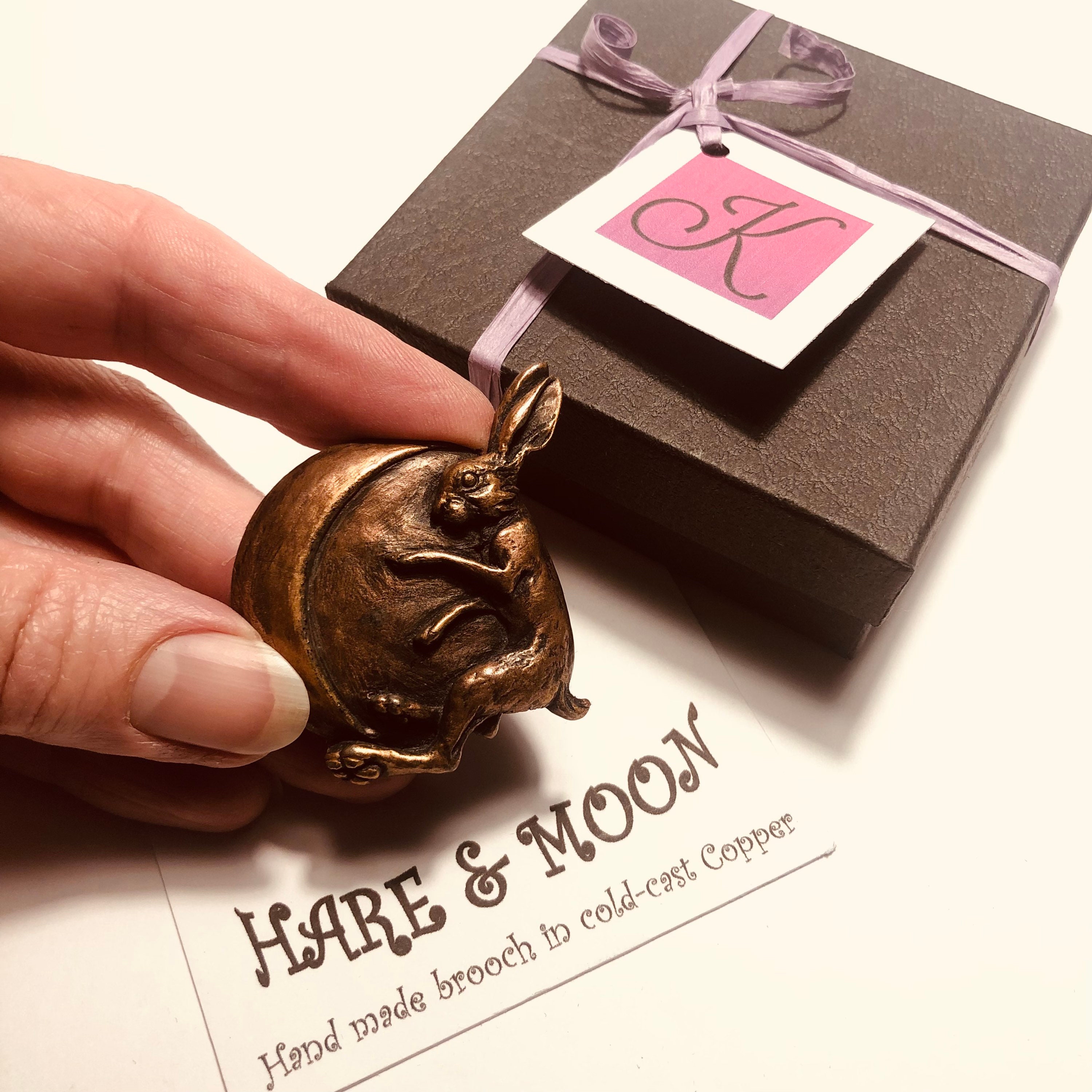 Hare and Moon Brooch in Cold-cast Pewter or Copper. Handmade - Etsy UK