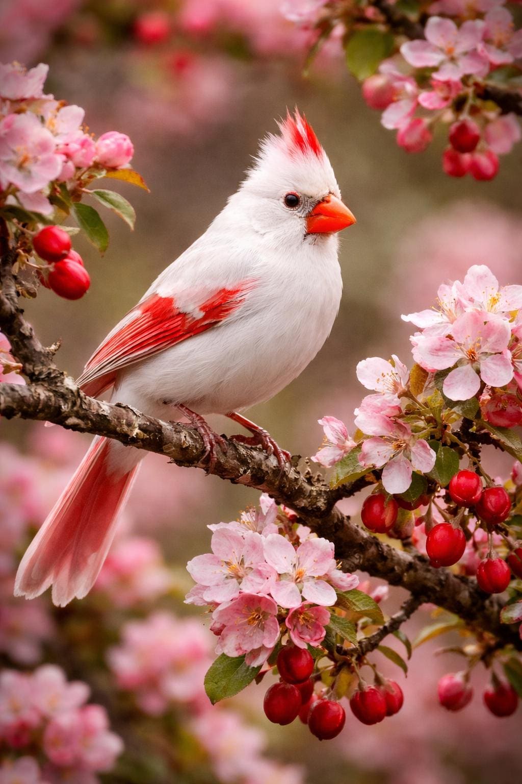 White Cardinal Rare Leucistic Bird Spring Crabapple Tree Floral Digital ...