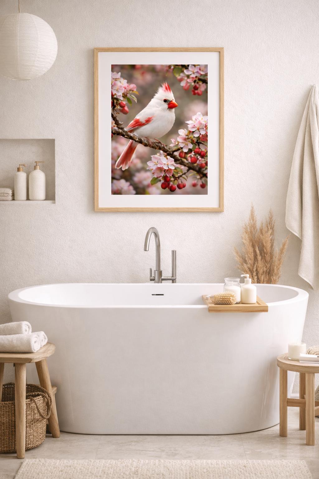 White Cardinal Rare Leucistic Bird Spring Crabapple Tree Floral Digital ...