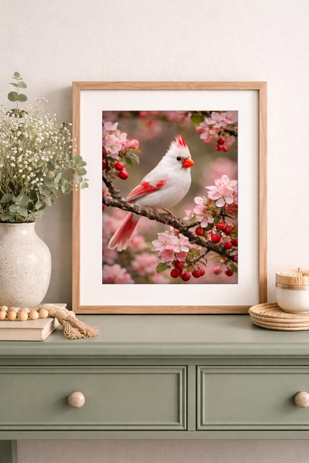White Cardinal Rare Leucistic Bird Spring Crabapple Tree Floral Digital ...