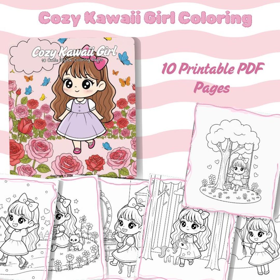 Kawaii Girl Coloring Book | Cozy Relaxing Printable Pages (10 PDF Pages ...