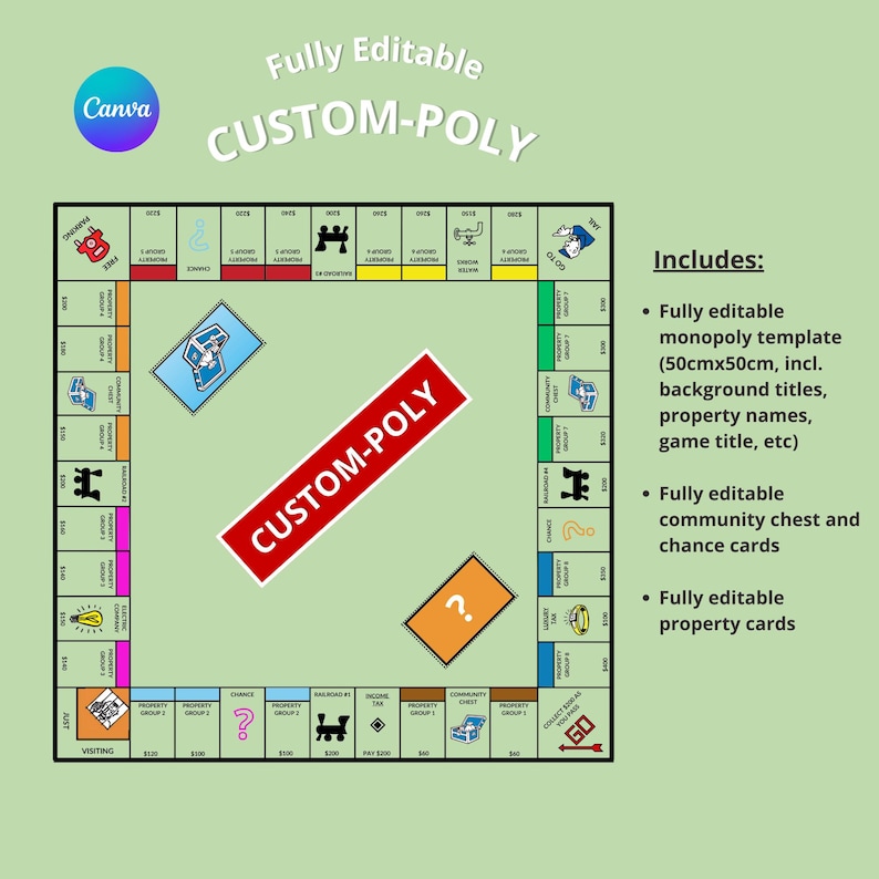 Custom Monopoly Board Game Template (printable Cards and Blank Monopoly ...