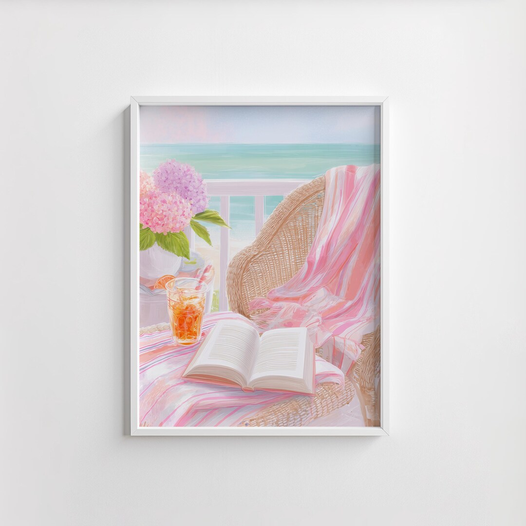 Preppy Seaside Reading Moment - Watercolor Art Print, Coastal Decor ...
