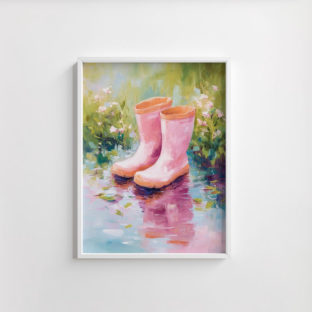 Pastel Pink Rain Boots in Puddle - Cute Spring Cottagecore Wall Art ...