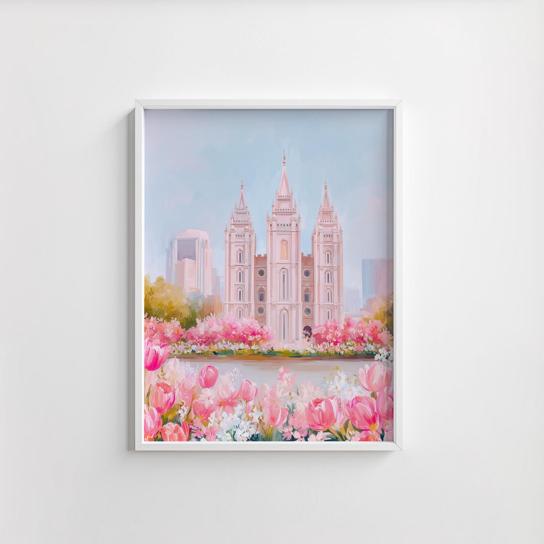 Pastel Salt Lake City Temple Art - Preppy Watercolor Scene With Spring ...