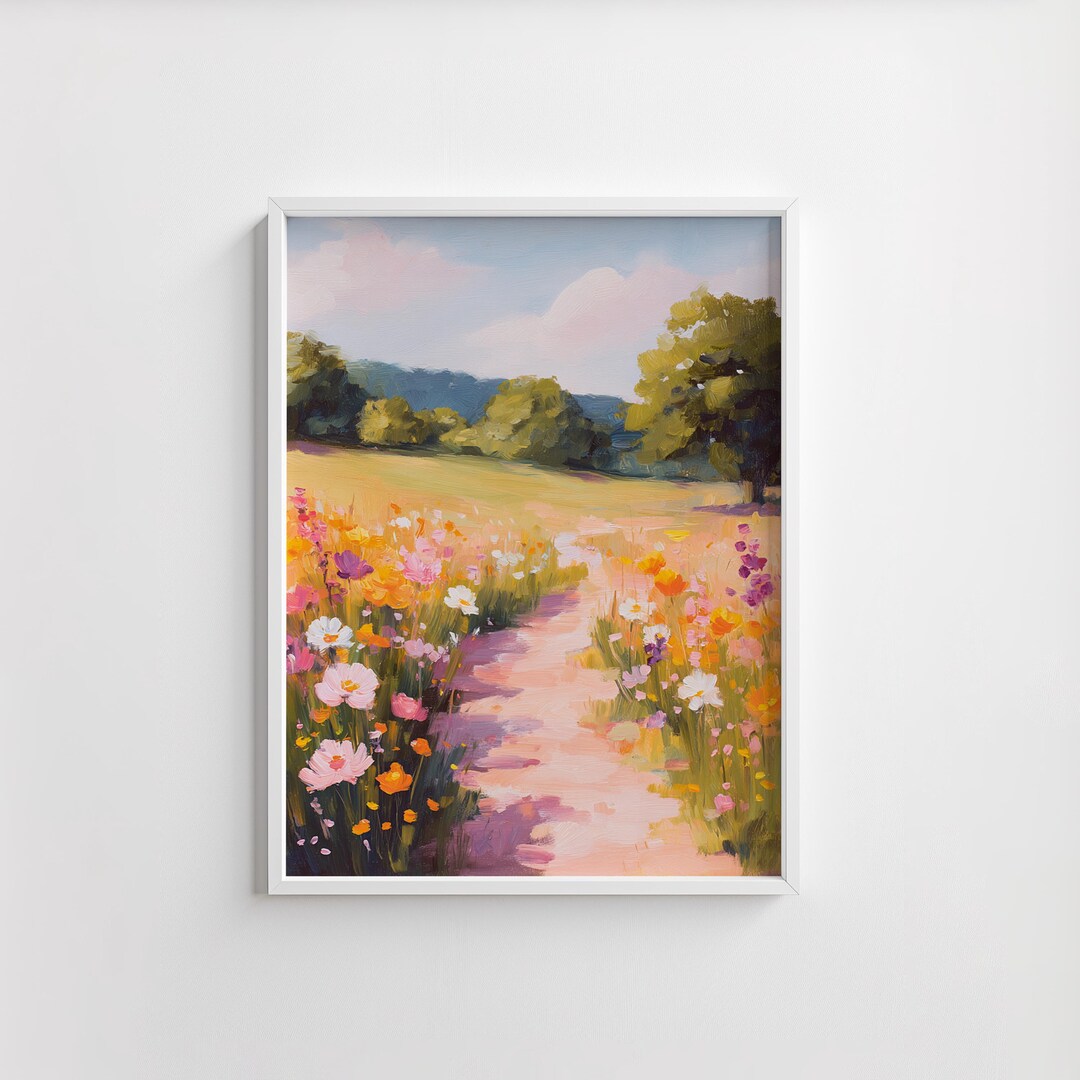 Cottagecore Pastel Landscape Art - Sunlit Meadow Path, Romantic ...