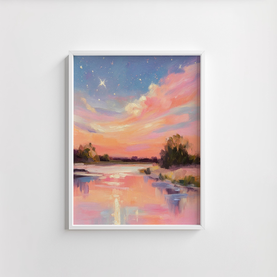 Serene Starry Twilight Over a Tranquil Lake - Pastel Landscape Art ...
