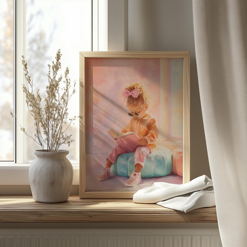 Cute Pastel Printable of Little Girl Reading - Cozy Nursery Decor, Soft ...