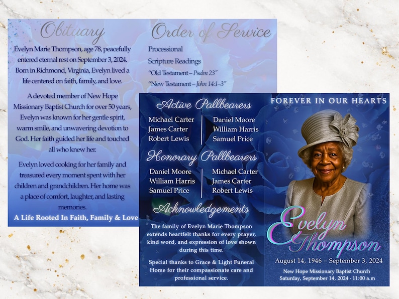Blue Rose Obituary Template | Memorial Program | Editable Funeral ...