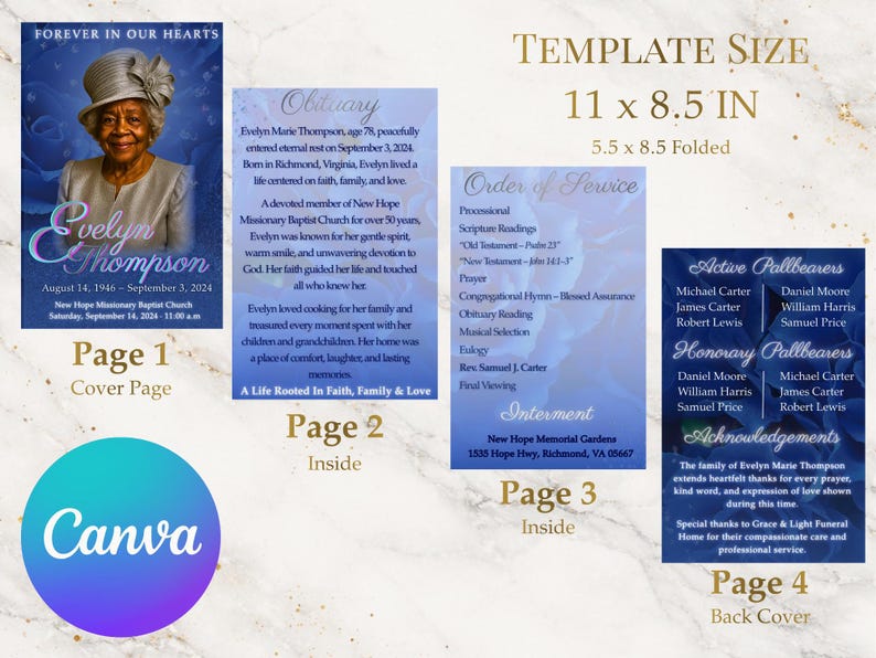 Blue Rose Obituary Template | Memorial Program | Editable Funeral ...