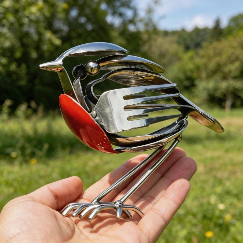 Handmade Metal Robin Bird Sculpture, Upcycled Cutlery Art, Fork Spoon ...