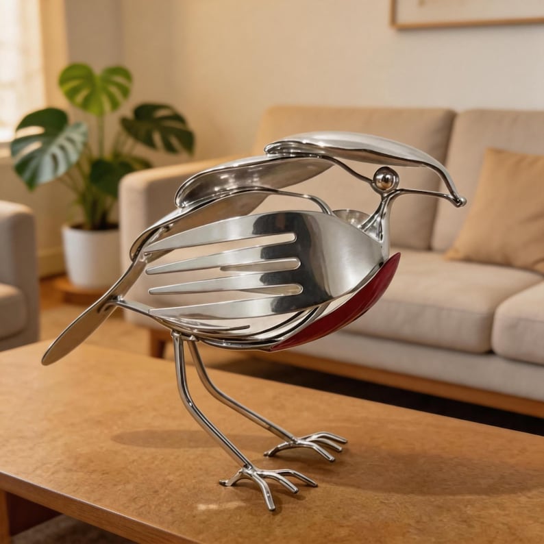 Handmade Metal Robin Bird Sculpture, Upcycled Cutlery Art, Fork Spoon ...
