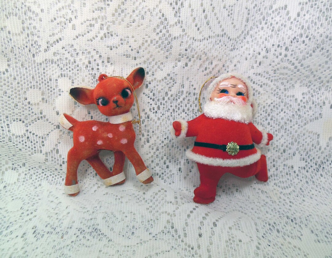 Vintage Red Flocked Deer Fawn and Santa Claus Ornaments - Etsy