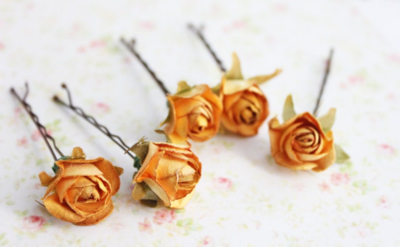 Rustic Roses Flower Hair Pins. Woodland wedding Goldenrod | Etsy