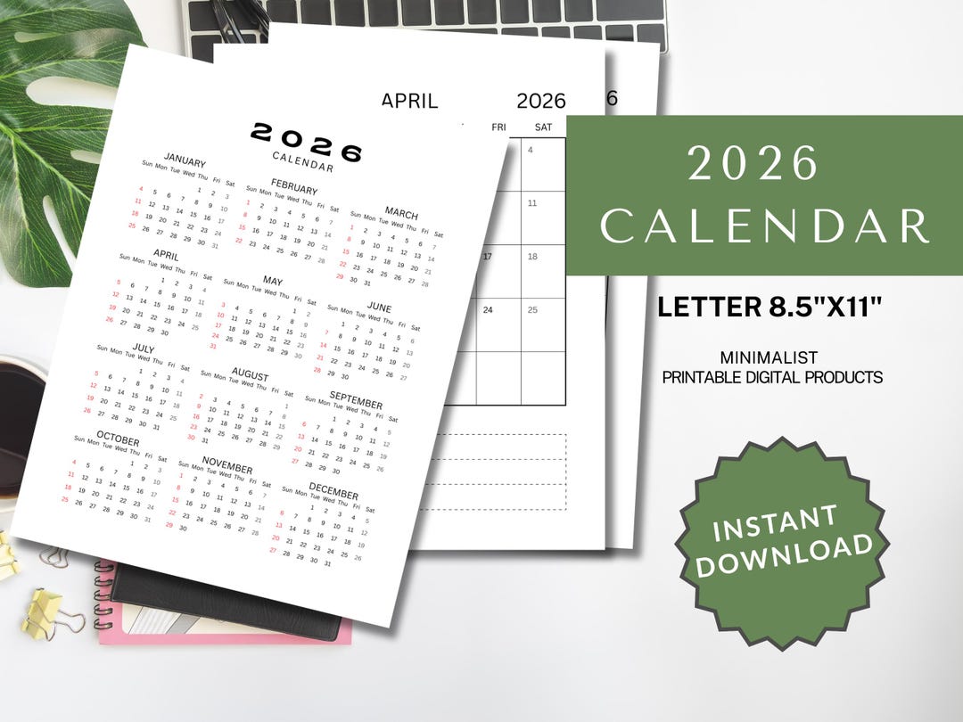 2026 Printable Calendar/8.5"x 11" Letter Portrait/minimalist/monthly ...