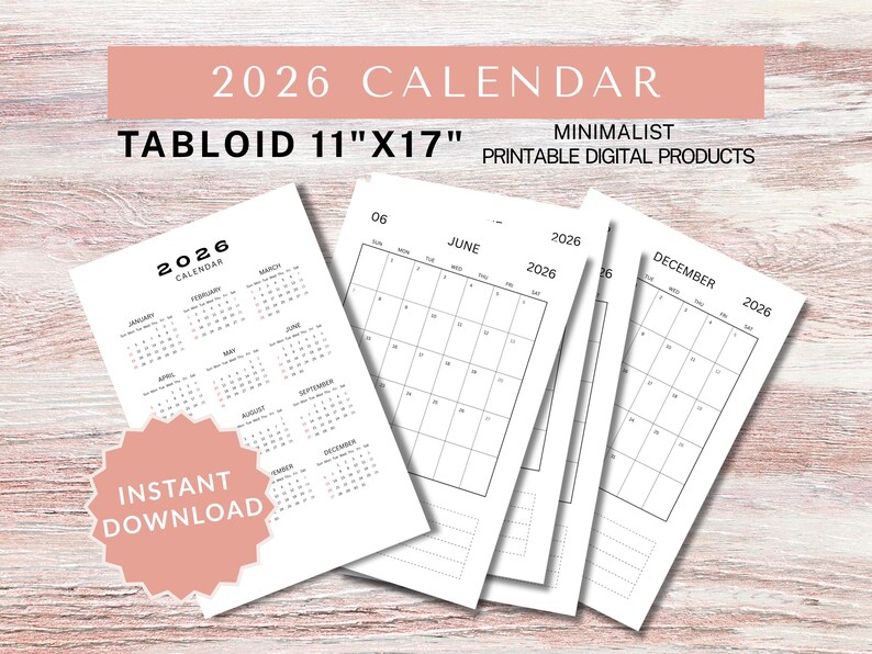 2026 Printable Calendar, 11"x 17" Tabloid Size, Minimalist, Monthly ...