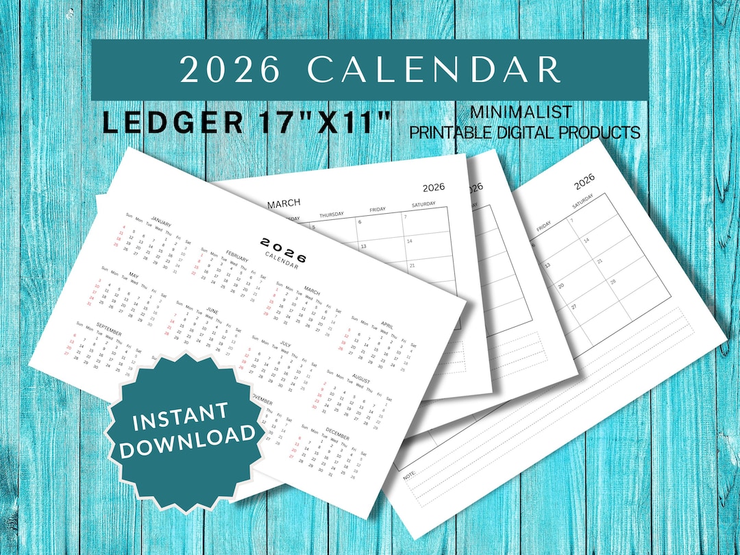 2026 Printable Calendar, 17"x 11" Ledger Size, Minimalist, Monthly ...