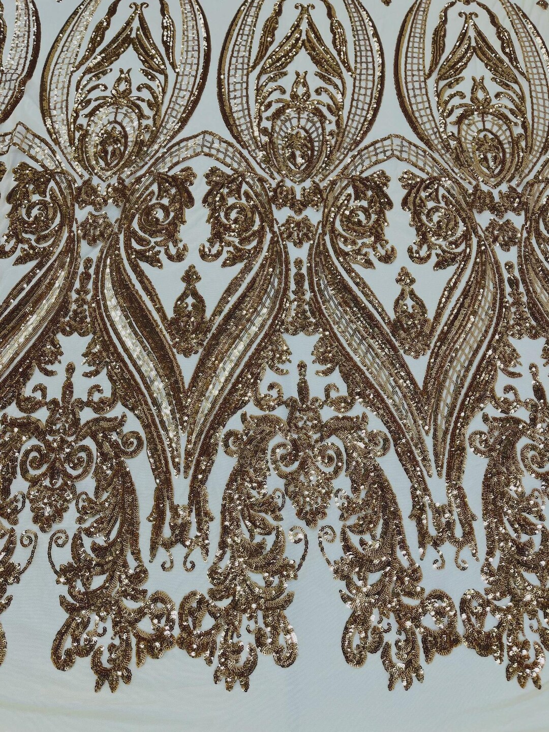 Gold-4 Way Stretch Fancy Big Damask Design Sequins on Spandex Mesh by ...
