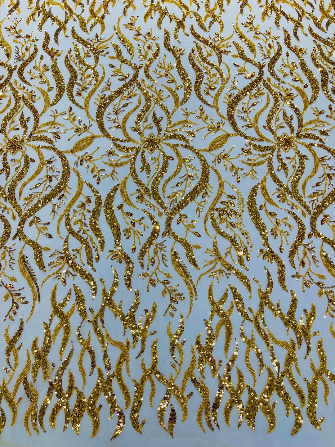 Gold Rhinestone Fabric: Floral Leaf Embroidered Mesh, Bridal Wedding ...