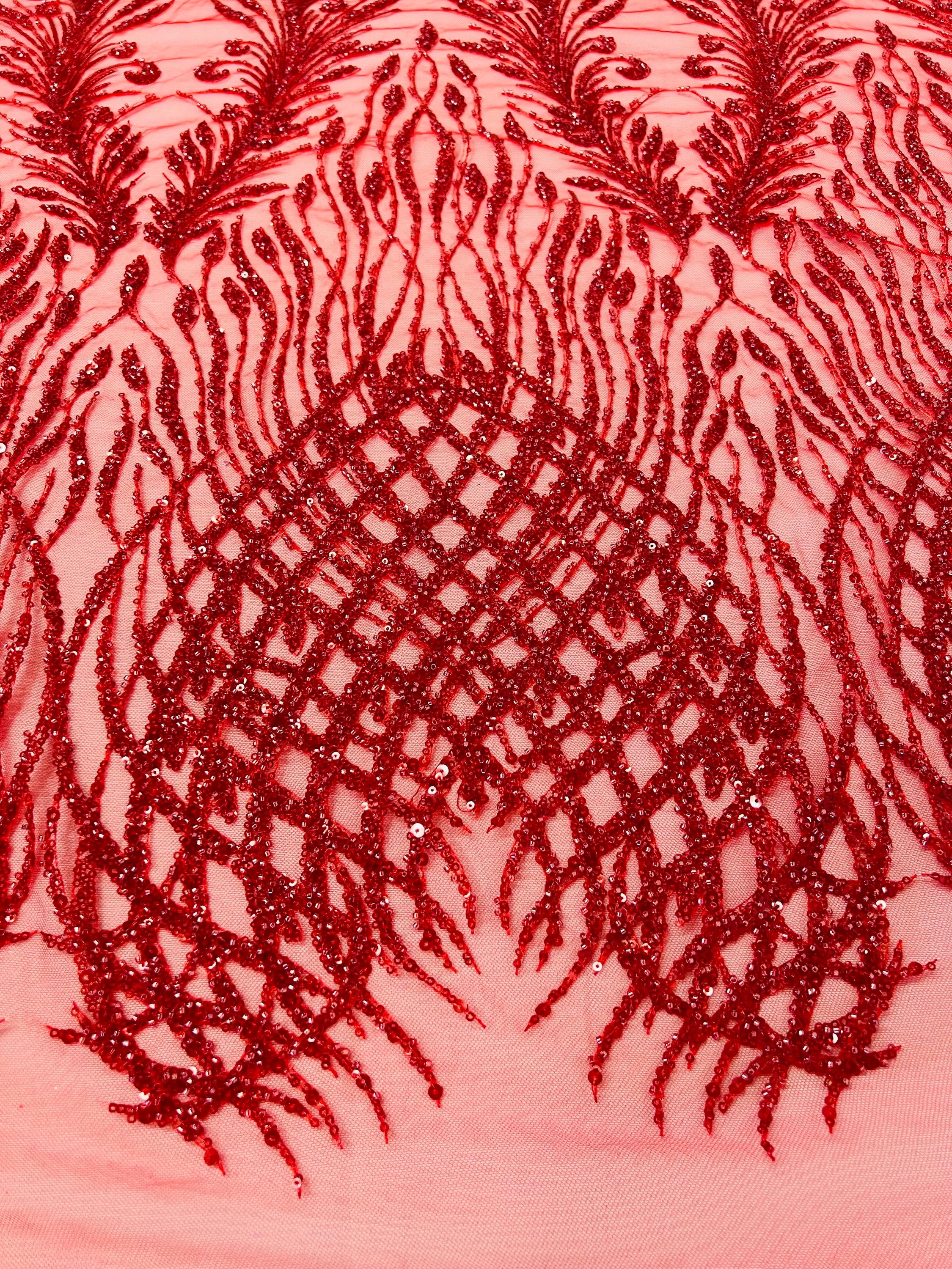 Red Beaded Fabric: Corona Damask Design Sequin Appliqué Lace - by the ...