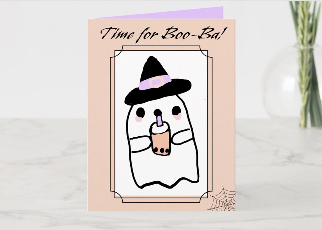 Ghost Witch Boba Halloween Card - Kawaii Greeting Card - Time for Boo ...