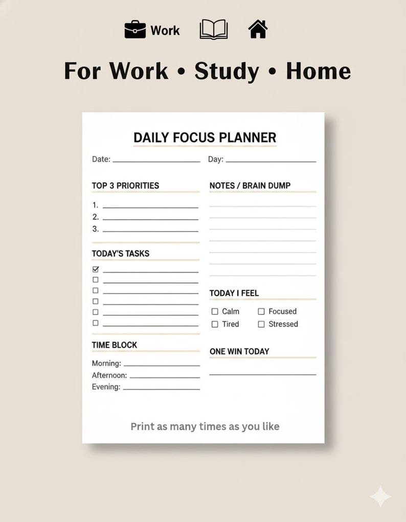 Daily Focus Planner Printable | One Page Planner | Simple Productivity ...