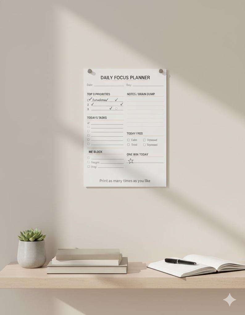 Daily Focus Planner Printable | One Page Planner | Simple Productivity ...