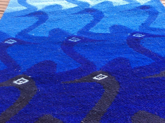 Vintage Wall Carpet wool haning geometric vivid Blue Crane | Etsy