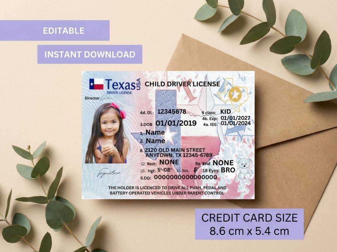 Pretend Play Usa Child Driver License, Texas Driving Licence Template ...