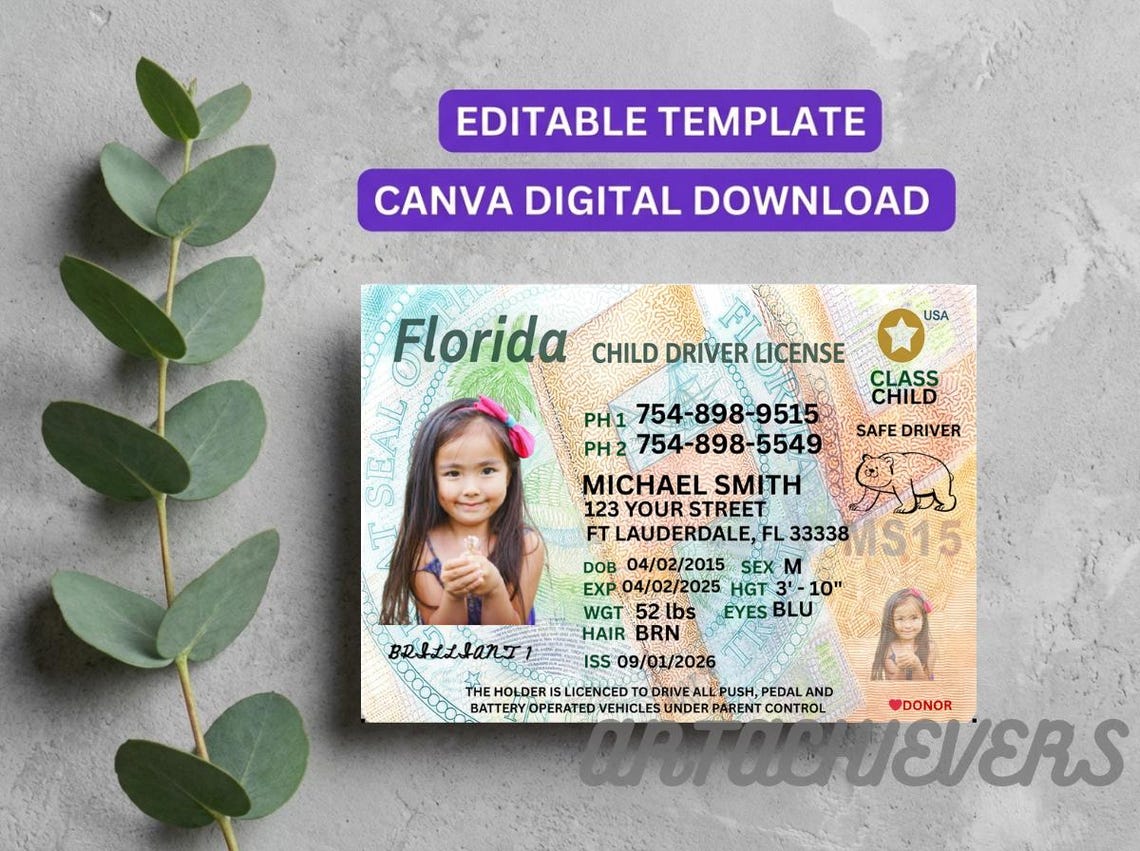 Pretend Play Usa Child Driver License, Florida Driving Licence Template ...