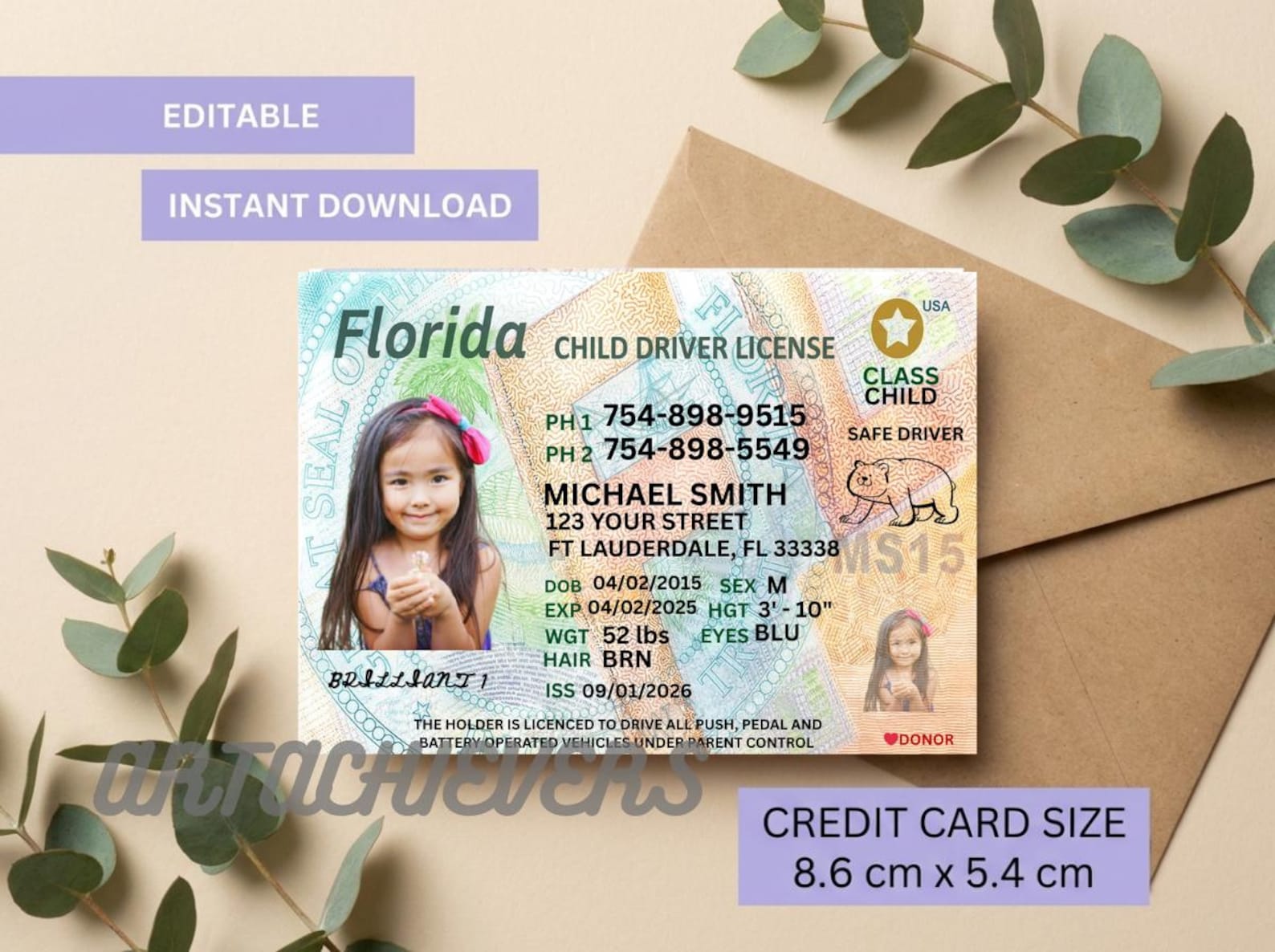 Pretend Play Usa Child Driver License, Florida Driving Licence Template ...