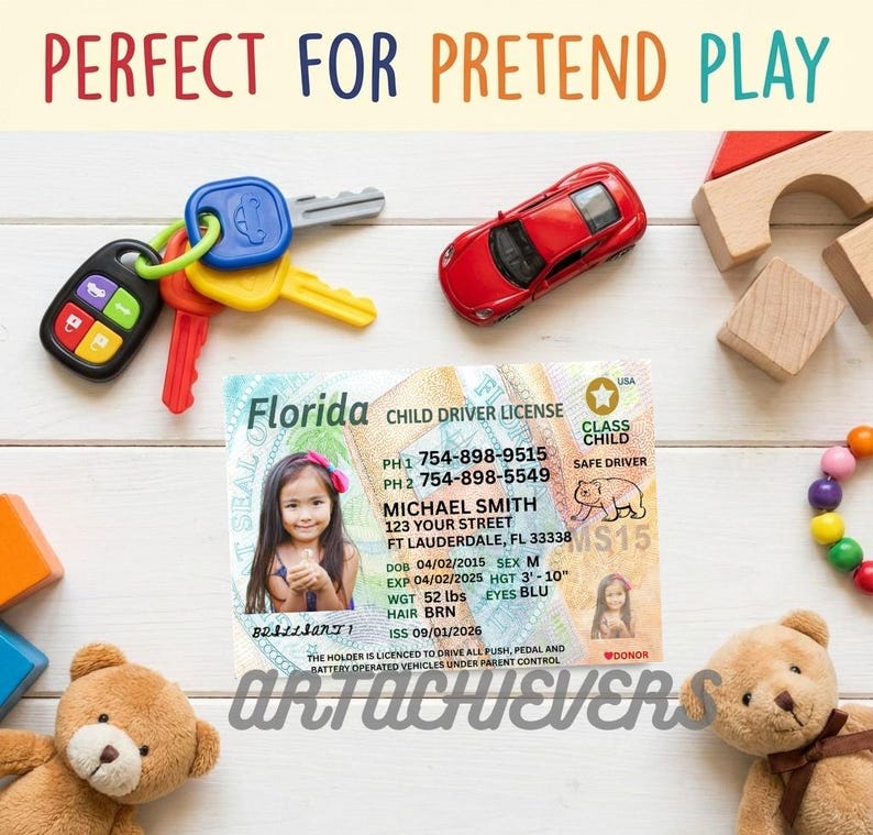 Pretend Play Usa Child Driver License, Florida Driving Licence Template ...