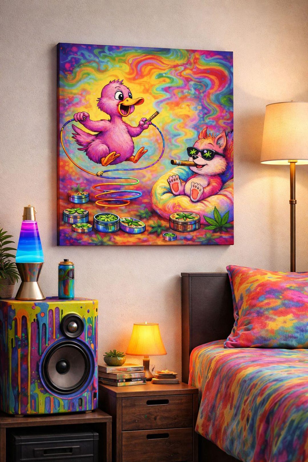 Funny Psychedelic Dog and Duck Wall Art, Trippy Stoner Art Print, Weed ...