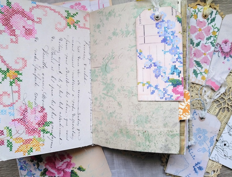 Floral Cross Stitch Journal Page Kit W/ Ephemera Tags Index Cards ...