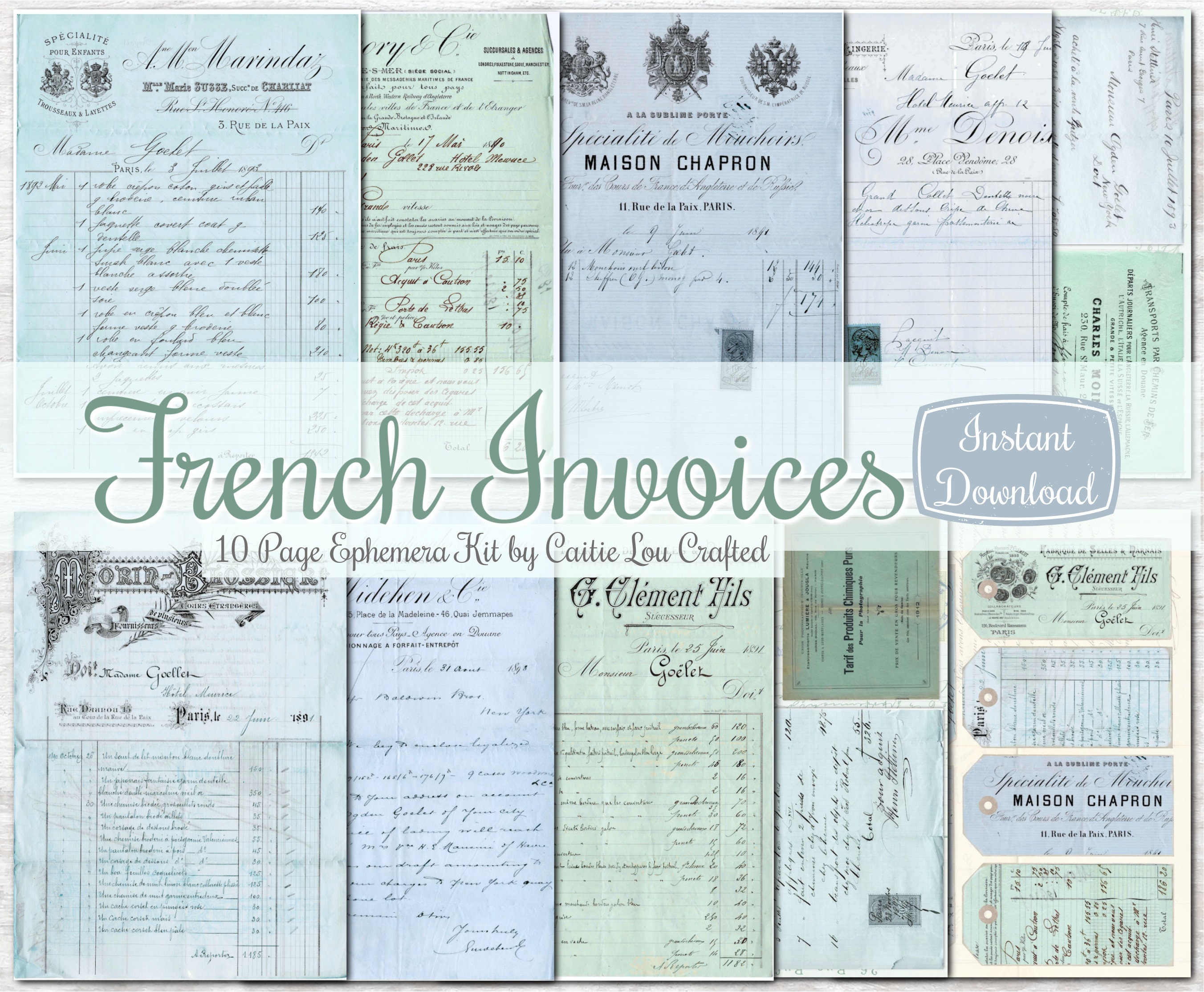 French Invoices Digital Ephemera 10 Page Kit W/ Tags Vintage Blues and ...