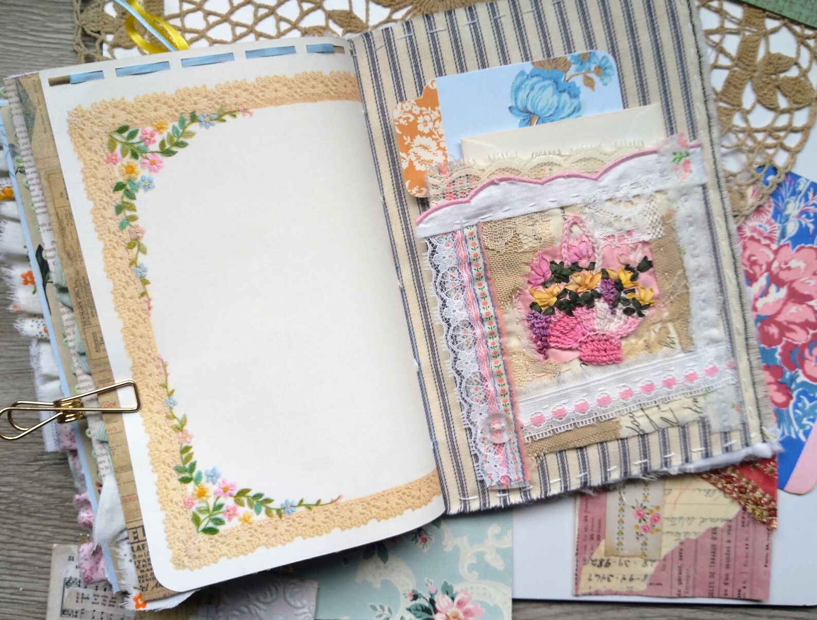 Gemma Handmade Hand Stitched OOAK Fabric Floral Vintage Cross Stitch Journal, Patchwork Textiles ...