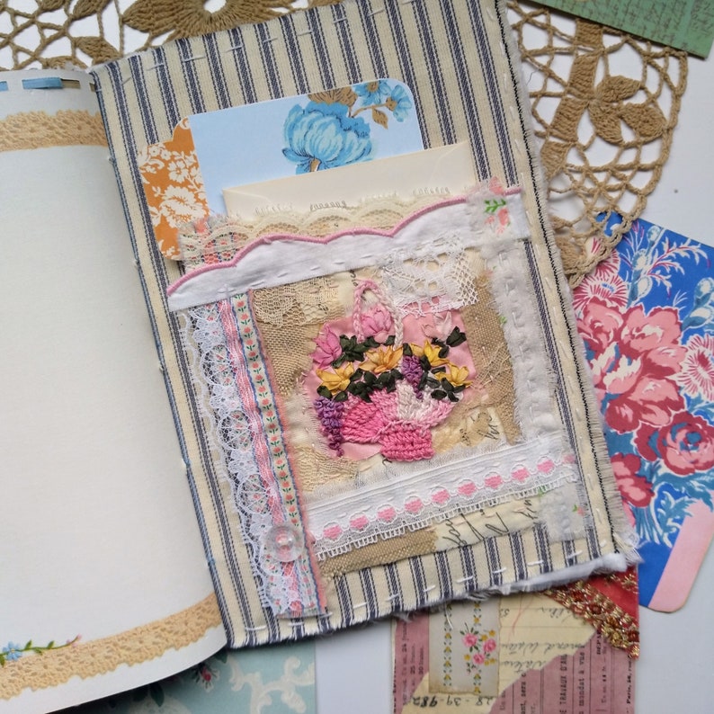 Gemma Handmade Hand Stitched OOAK Fabric Floral Vintage Cross Stitch Journal, Patchwork Textiles ...