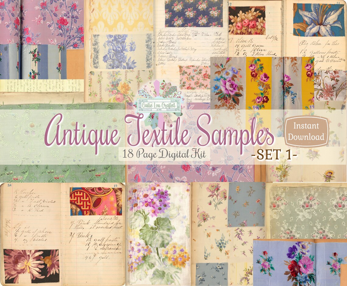Antique Textile Samples: 18 Page Printable Designer Kit (digital ...
