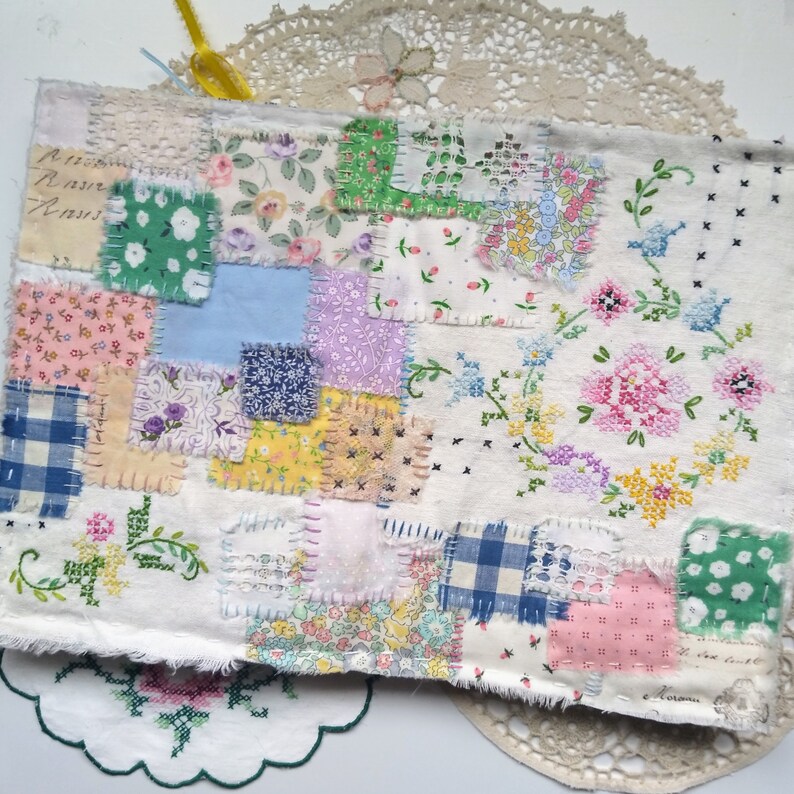 Gemma Handmade Hand Stitched OOAK Fabric Floral Vintage Cross Stitch Journal, Patchwork Textiles ...