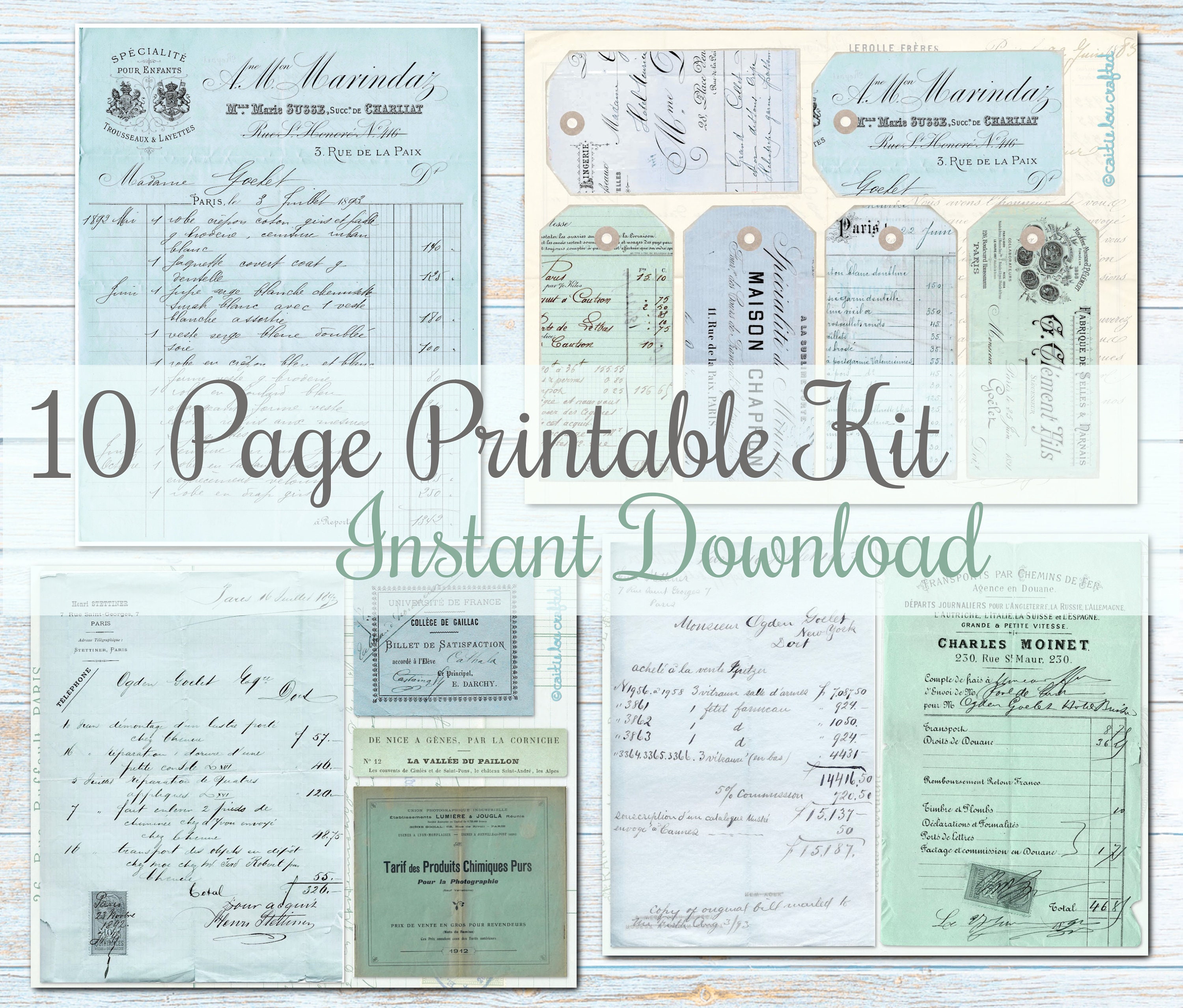 French Invoices Digital Ephemera 10 Page Kit W/ Tags Vintage Blues and ...