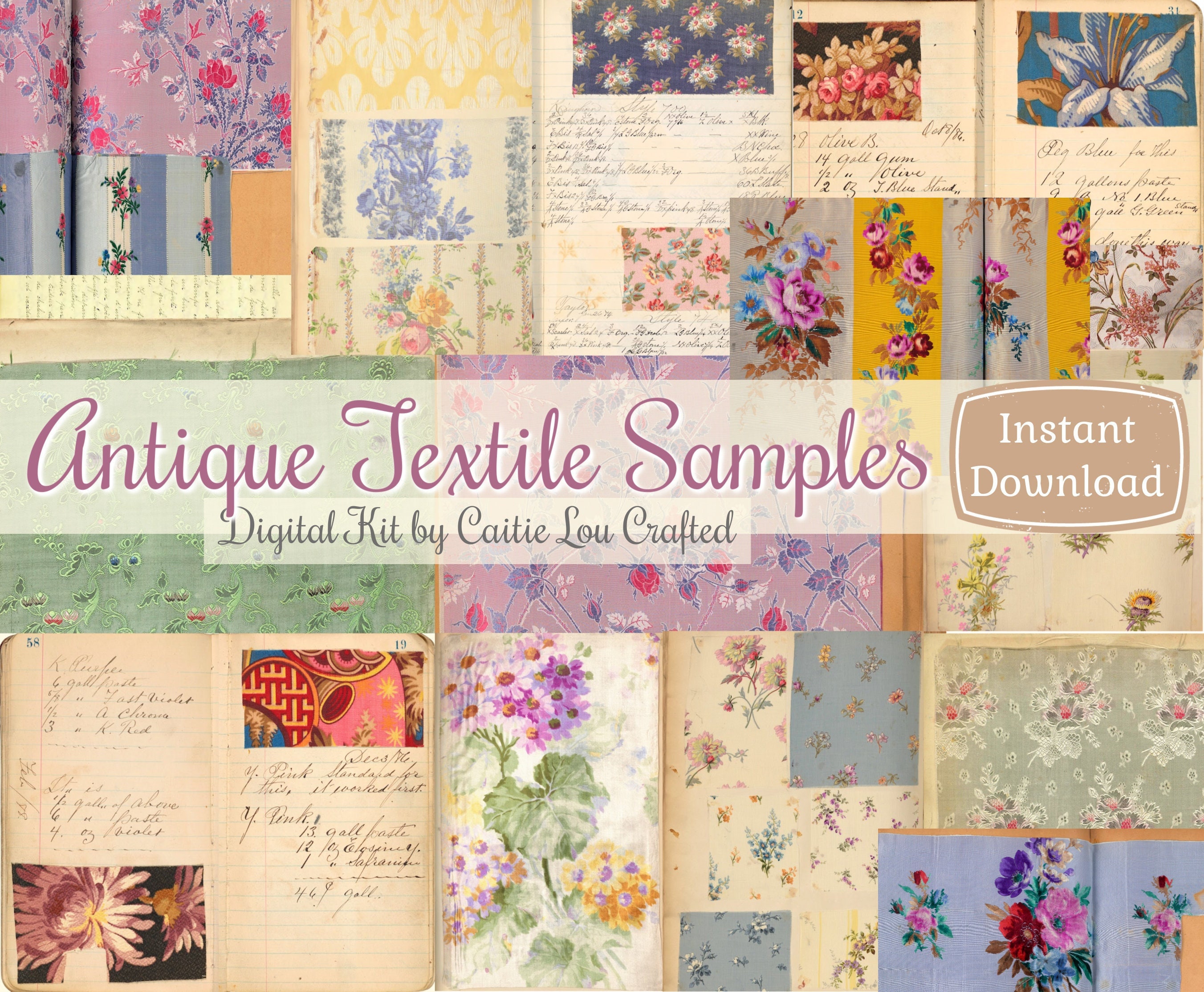 Antique Textile Samples: 18 Page Printable Designer Kit (digital ...