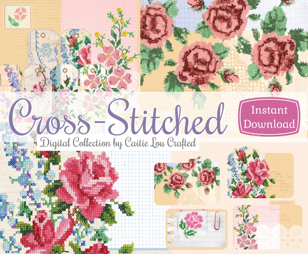 Floral Cross Stitch Journal Page Kit W/ Ephemera Tags Index - Etsy