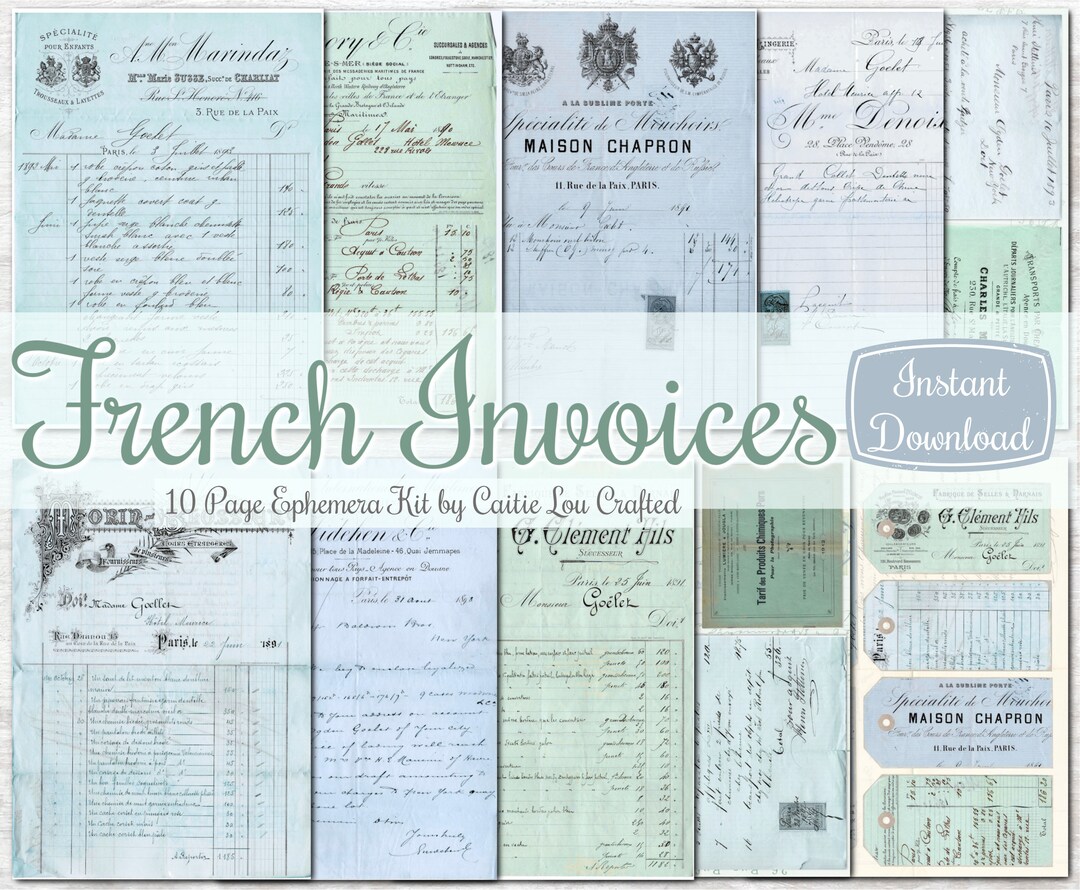 French Invoices Digital Ephemera 10 Page Kit W/ Tags Vintage - Etsy