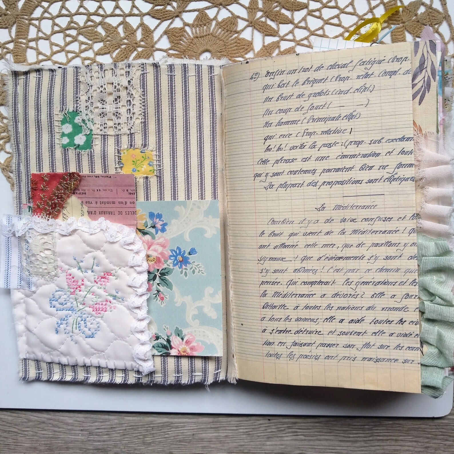 Gemma Handmade Hand Stitched OOAK Fabric Floral Vintage Cross Stitch Journal, Patchwork Textiles ...