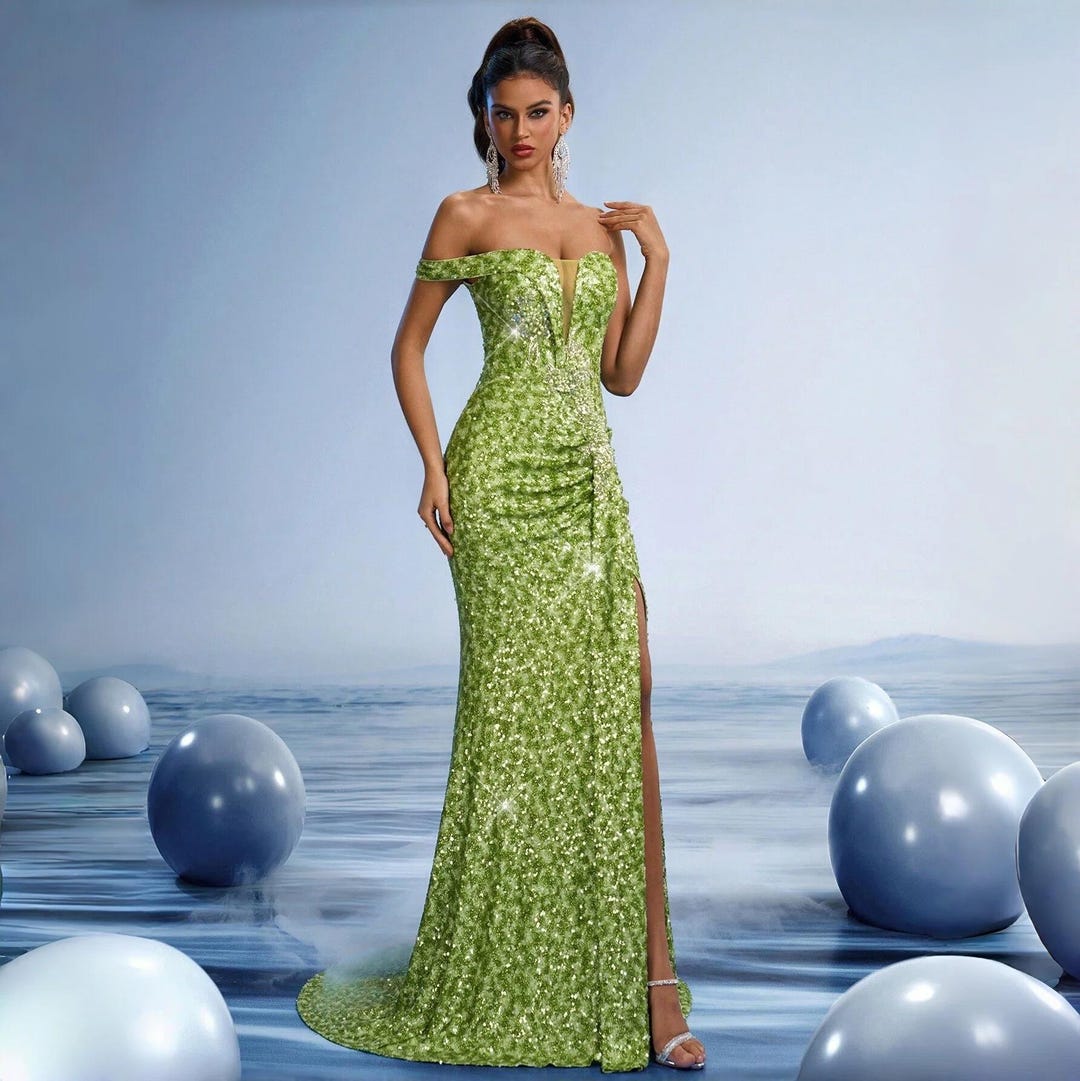 Emerald Crystal Mermaid Gown, off Shoulder Sequin Evening Dress - Etsy