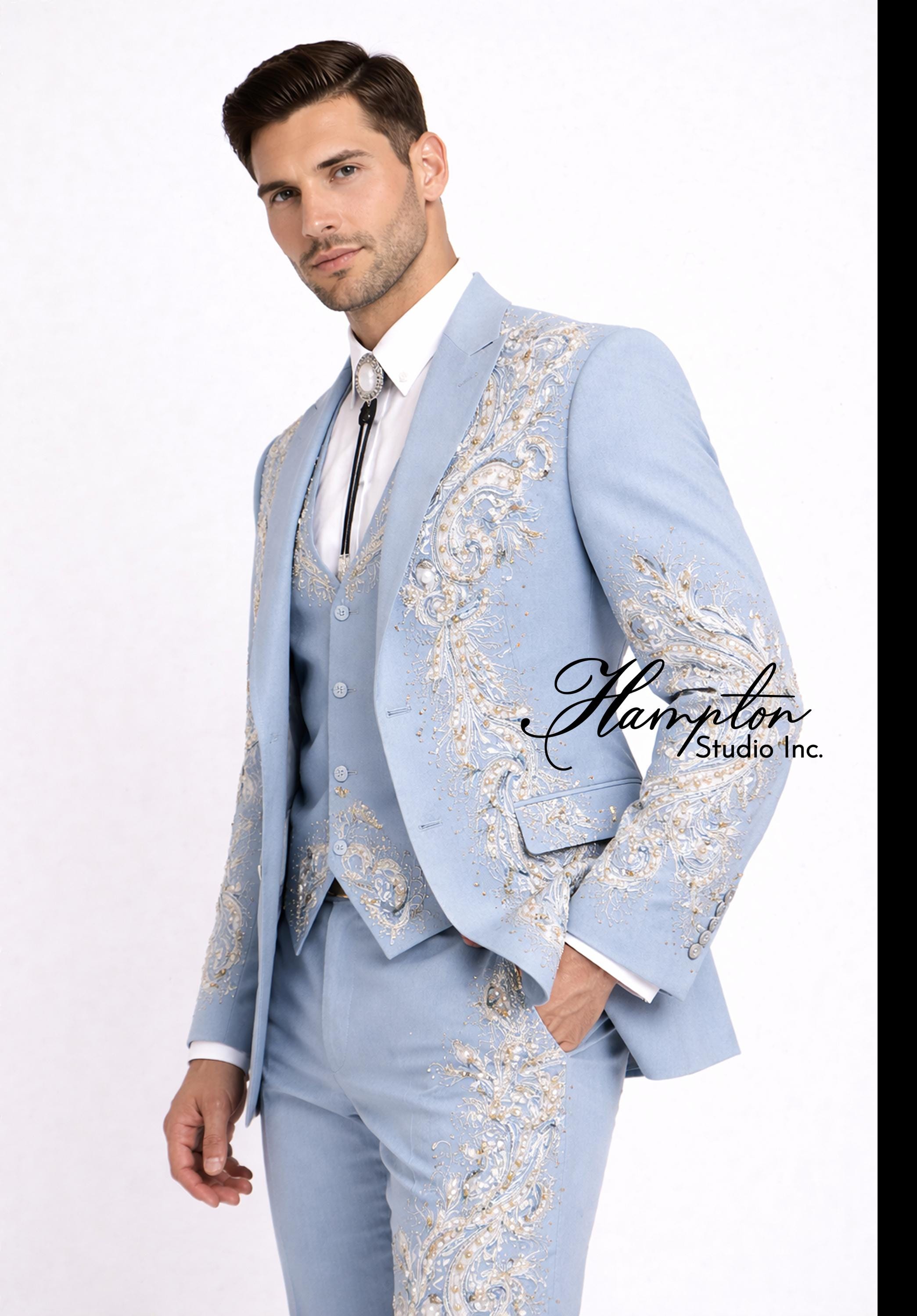 Luxury Light Blue Embroidered Wedding Suit for Men | Designer 3-piece ...