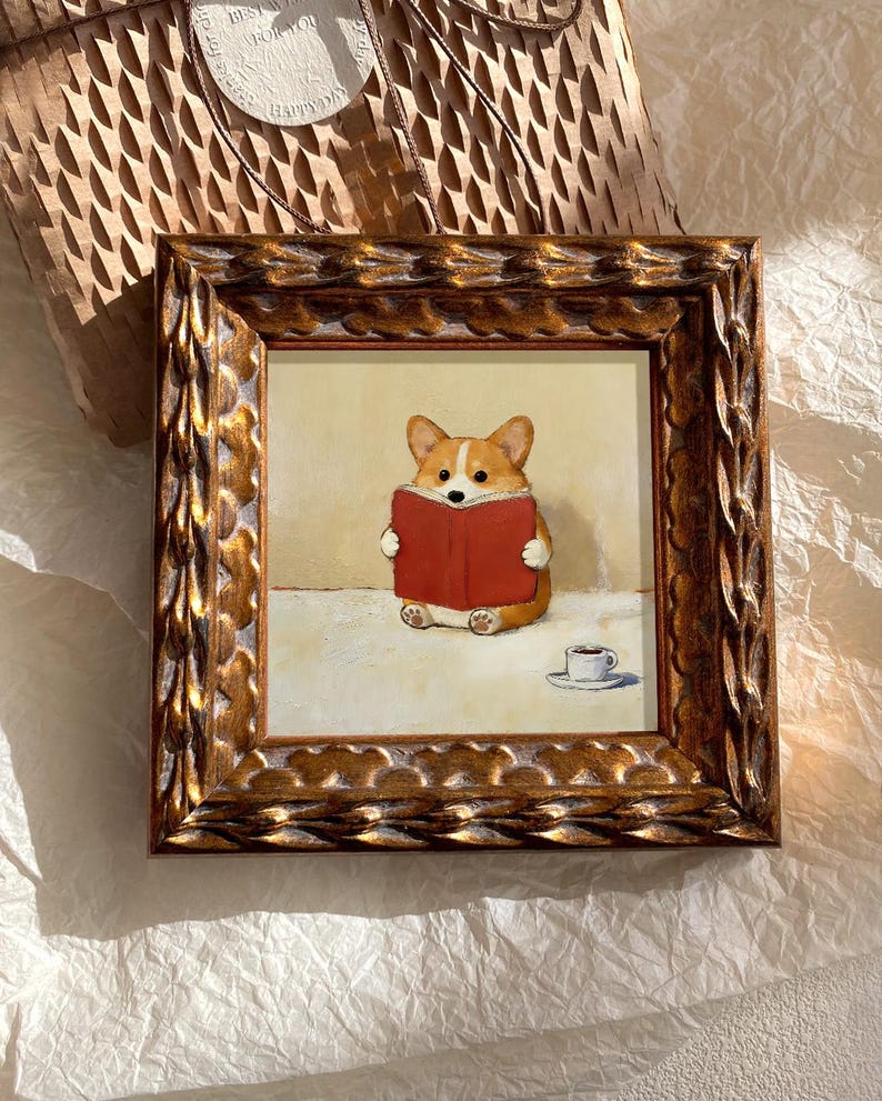 Cuadro al óleo de Corgi pintado a mano "Un Corgi muy estudioso" - Mini ...