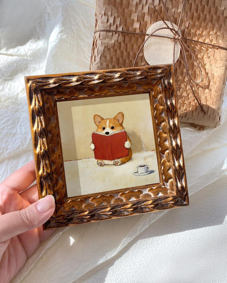 Cuadro al óleo de Corgi pintado a mano "Un Corgi muy estudioso" - Mini ...