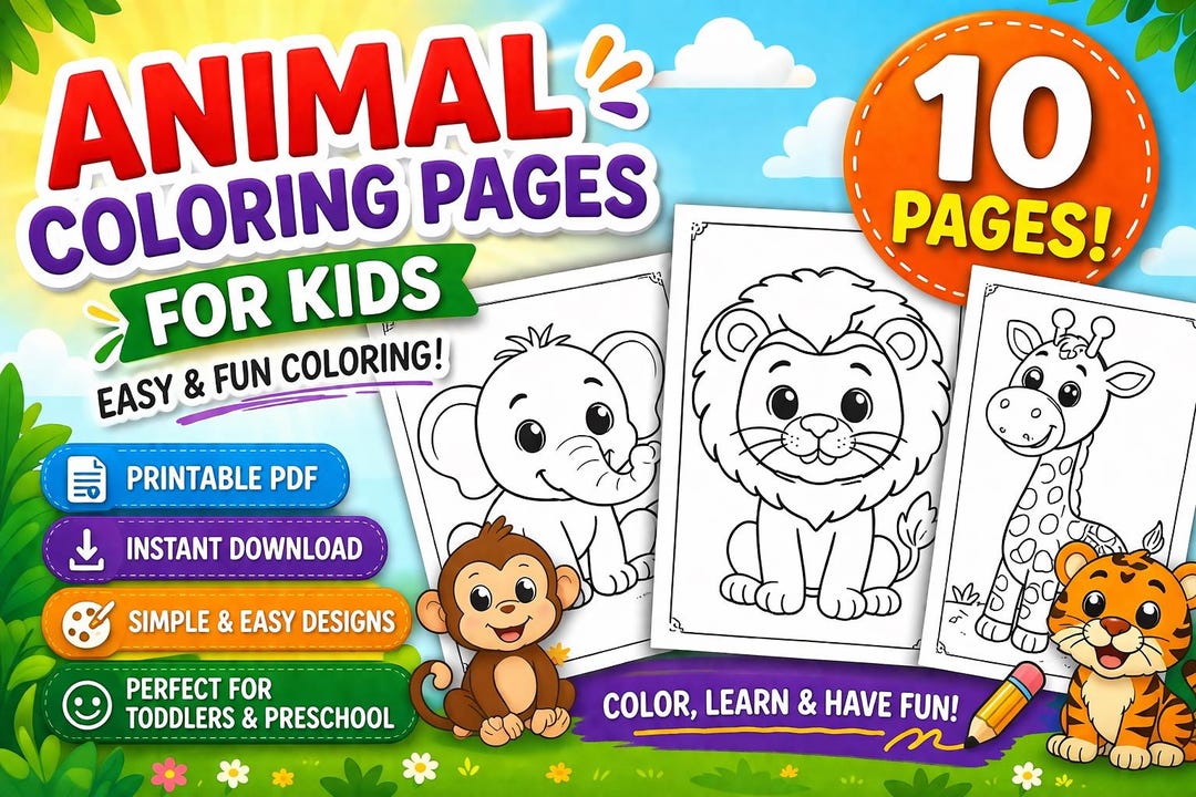 Animal Coloring Pages for Kids Printable PDF (10 Easy Coloring Sheets ...
