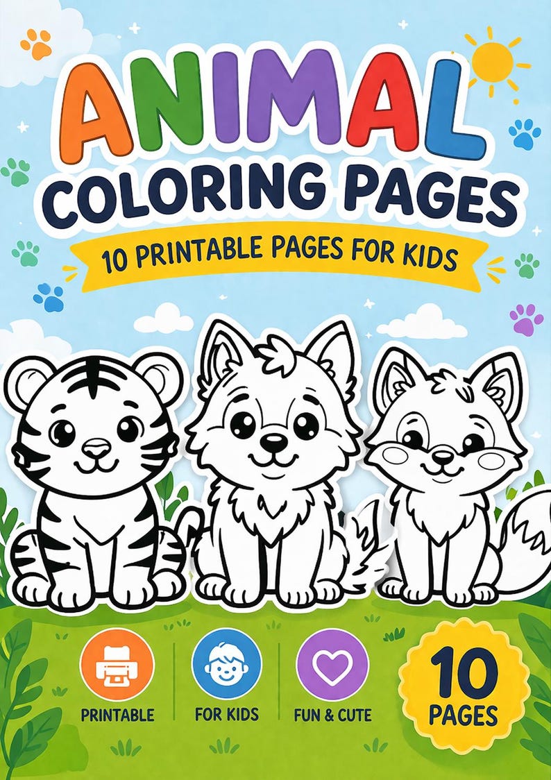 Animal Coloring Pages for Kids Printable PDF (10 Easy Coloring Sheets ...
